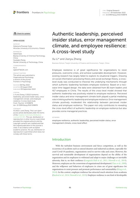 Pdf Authentic Leadership Perceived Insider Status Error Management Climate And Employee