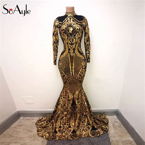 Soayle 고급스러운 머메이드 댄스 파티 드레스 긴 소매 두바이 스팽글 골드 블랙 드레스 2018 Vestido De