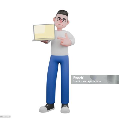 비디오 편집 테마 3d 만화 캐릭터 남성 영상 편집자는 오른손에 노트북을 들고 서 있고 왼손은 홍보하듯 노트북을 가리키고 있다 일러스트레이션 디자인 3차원 형태에 대한 스톡