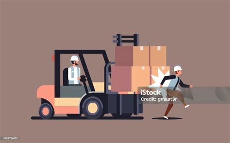 지게차 드라이버 타격 동료 공장 사고 개념 창 고 물류 전송 드라이버 위험한 부상된 노동자 수평 충돌 사고에 대한 스톡 벡터
