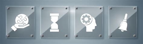 벨 을 설정 내부에 기어와 인간의 머리 흐르는 모래와 손에 퍼즐조각 오래된 모래 시계 정사각형 유리 패널 벡터 개념에 대한 스톡 벡터 아트 및 기타 이미지 Istock