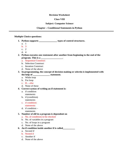 Revision Worksheet Chapter 3answer Key Pdf Control Flow Python