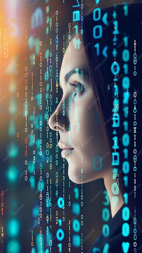 Business Woman Looking Digital Binary Code Premium Ai Generated Image