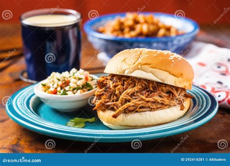 Pulled Pork Sandwich With Multigrain Bread On A Blue Dish Stock Image