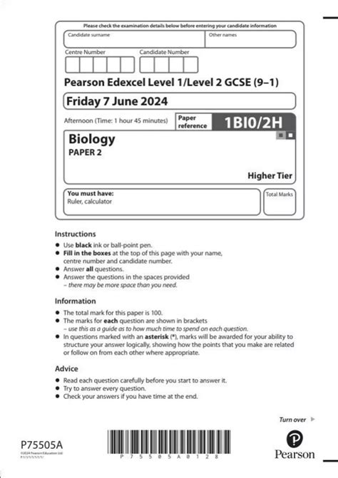Pearson Edexcel Level 1level 2 Gcse 91 Biology Paper 2 Higher Tier