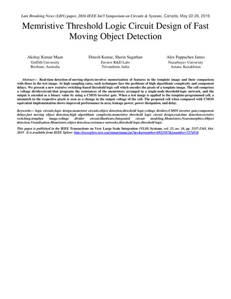 Pdf Memristive Threshold Logic Circuit Design Of Fast Moving Object Detection