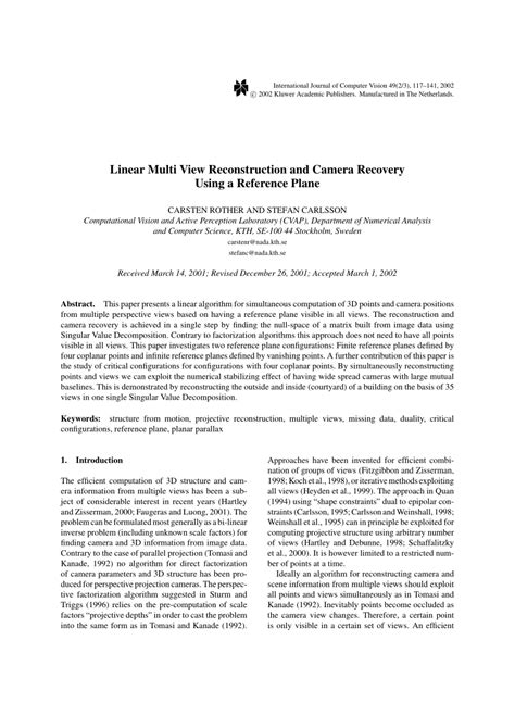 Pdf Linear Multi View Reconstruction And Camera Recovery Using A Reference Plane