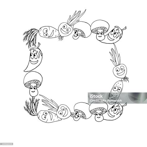 재미 있은 미친 야채 감정 미소 흑인과 백인 벡터 일러스트 레이 션 낙서 사각형 프레임 고립 흰색 배경 베이스에 대 한 식기 디자인 섬유 타이포그래피 가공의 인물에 대한