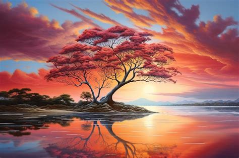 Premium AI Image A Sunset With A Tree On The Water