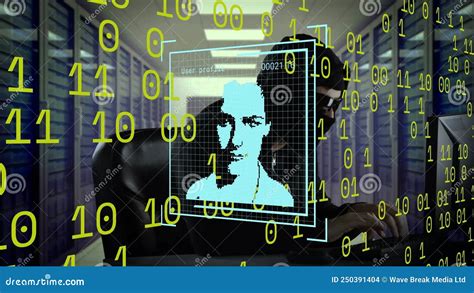 Animation Of Data Processing And People Icons Over Caucasian Male Hacker Using Laptop Stock