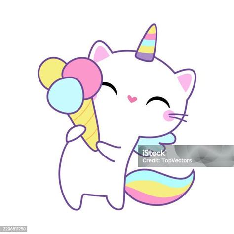 고양이 유니콘 캐릭터 무지개 꼬리와 뿔 벡터 일러스트 레이 션 아이스크림에 대한 스톡 벡터 아트 및 기타 이미지 아이스크림 유니콘 개념 Istock