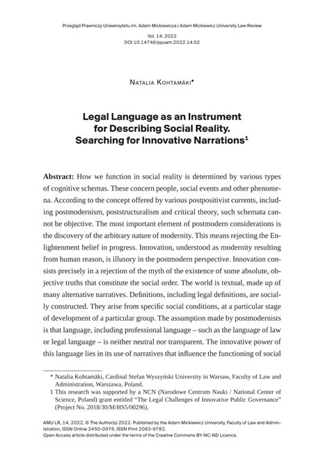 Pdf Legal Language As An Instrument For Describing Social Reality Searching For Innovative