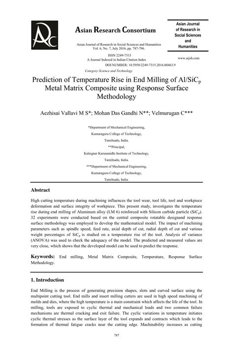 Pdf Prediction Of Temperature Rise In End Milling Of Alsic P Metal Matrix Composite Using