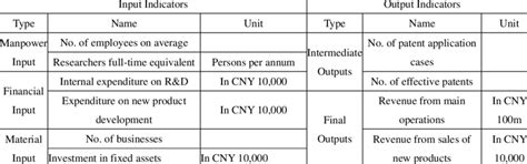 Preliminary Input And Output Indicators For Performance Evaluation