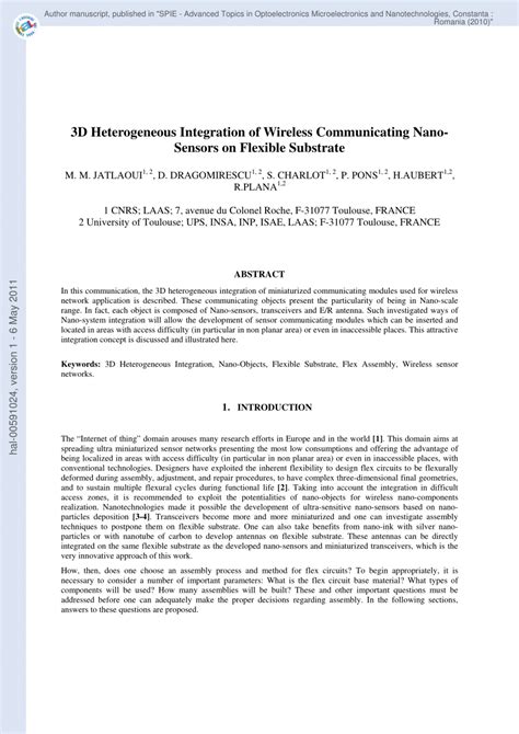 Pdf 3d Heterogeneous Integration Of Wireless Communicating Nano Sensors On Flexible Substrate