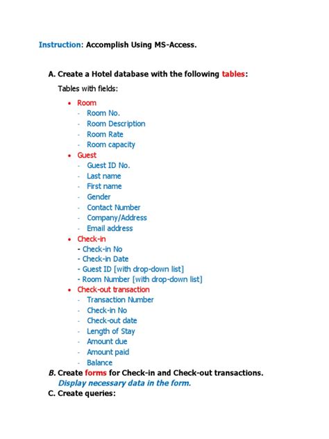 A Create A Hotel Database With The Following Accomplish Using Ms Access Pdf