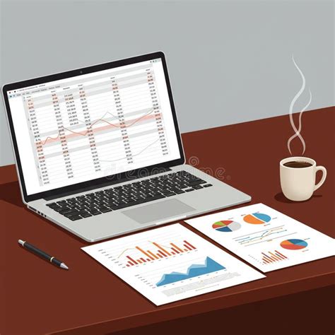 a desk features a laptop displaying a chart with data tables next to it neatly arranged stock