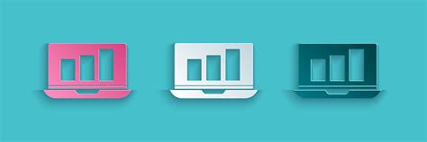 파란색 배경에 격리된 그래프 차트 아이콘이 있는 용지 컷 랩톱 텍스트 파일 아이콘을 보고합니다 회계 기호 감사 분석 계획 종이 아트 스타일 벡터 일러스트레이션 0명에 대한