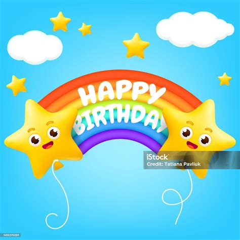 귀여운 얼굴을 가진 3d 만화 별 풍선과 구름이 있는 푸른 하늘의 작은 별이 있는 무지개 호의 3d 벡터 그림입니다 생일 축하 카드 어린이 파티를 위한 소셜 미디어 게시물
