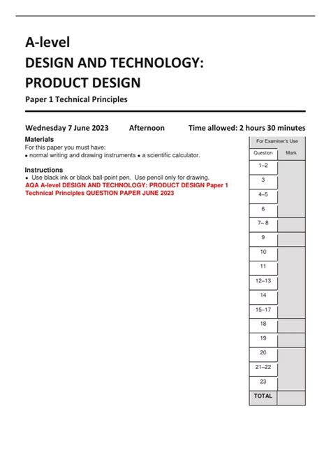 AQA A Level DESIGN AND TECHNOLOGY PRODUCT DESIGN Paper Technical Principles QUESTION PAPER