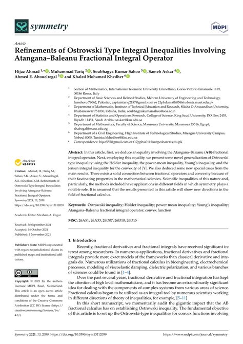 Pdf Refinements Of Ostrowski Type Integral Inequalities Involving Atangana Baleanu Fractional