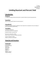 Chem Lab Limiting Reactant And Percent Yield Docx Isa Baig Chemistry B Limiting