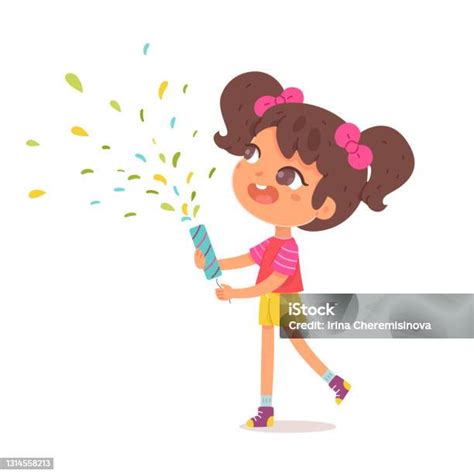 생일 축하합니다 색종이와 파티에서 축하하는 소녀 귀여운 아이 손 벡터 일러스트에 장식을 들고 하얀 배경에 고립 된 채 웃고 서있는 작은 아이 개념에 대한 스톡 벡터 아트 및
