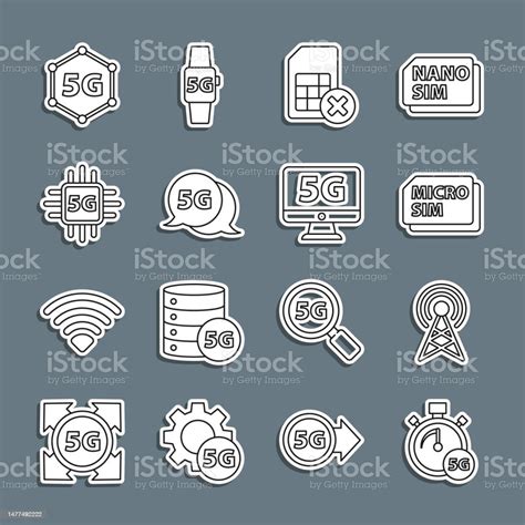 설정 라인 디지털 속도계 5g 안테나 마이크로 Sim 카드 카드 거부 네트워크 프로세서 및 아이콘이있는 모니터 벡터 5g에 대한 스톡 벡터 아트 및 기타 이미지 Istock