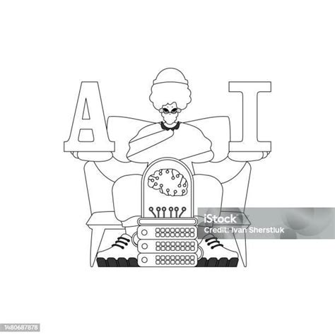 그는 선형 벡터 형식으로 묘사된 Ai 기술을 상징하는 Ai 문자를 손에 쥐고 있습니다 개발에 대한 스톡 벡터 아트 및 기타 이미지 개발 개선 과학 Istock