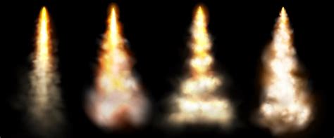 로켓 연기 속도 화재 흔적 구름 벡터 격리 효과 3d 현실적인 비행기 또는 제트 발사 비행운 불꽃 스프레이 셔틀 또는 우주선