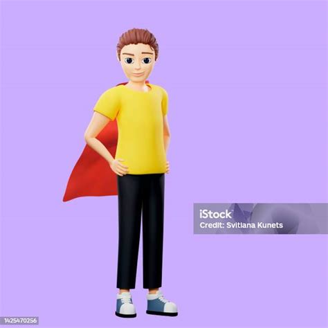 슈퍼 히어로가 양복을 입고 서있는 남자의 래스터 일러스트레이션 노란 티셔츠를 입은 젊은 남자와 손을 든 빨간 망토가 벗겨집니다