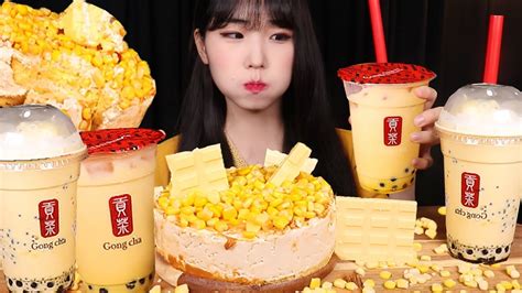 옥수수 좋아🌽공차 초당옥수수 밀크티 팝핑스무디 옥수수 치즈케이크 버블티 먹방 Corn Dessert Bubble Tea Cheese Cake Mukbang マカロン
