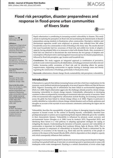 Flood Risk Perception Disaster Preparedness And Response In Flood