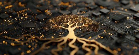 Digital Banner Microchip Chip With Growing Tree Stock Illustration