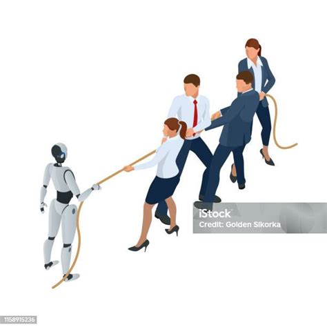 아이소메트릭 비즈니스 피플과 인공 지능을 슈트에 맞춘 로봇은 밧줄 경쟁 갈등을 당깁니다 줄다리기와 경쟁의 상징 기계에 대한 사람들 전쟁에 대한 스톡 벡터 아트 및 기타
