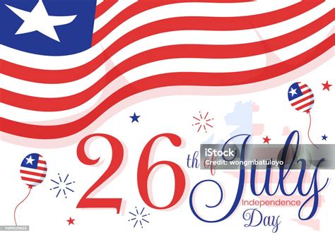 7월 26일 국경일에 깃발을 흔드는 행복한 라이베리아 독립 기념일 벡터 일러스트레이션 플랫 만화 손으로 그린 랜딩 페이지 템플릿 7월에 대한 스톡 벡터 아트 및 기타 이미지