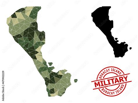 Low Poly Mosaic Map Of Boracay Island And Distress Military Seal Low