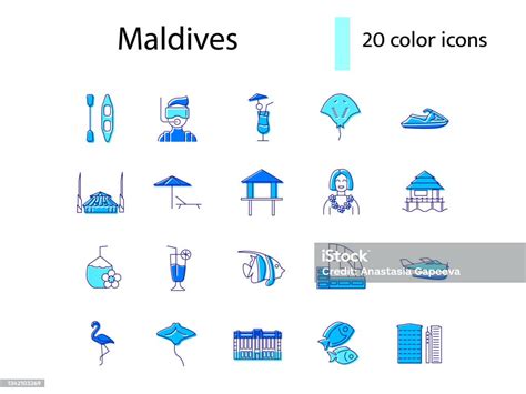 몰디브는 아이콘 을 간략하게 설명합니다 물 방갈로와 남성의 유명한 건물 손바닥과 코크테일 격리된 벡터 그림 몰디브에 대한 스톡 벡터 아트 및 기타 이미지 Istock