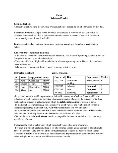 unit4 note for unit 4 unit relational model 4 introduction a model basically define the