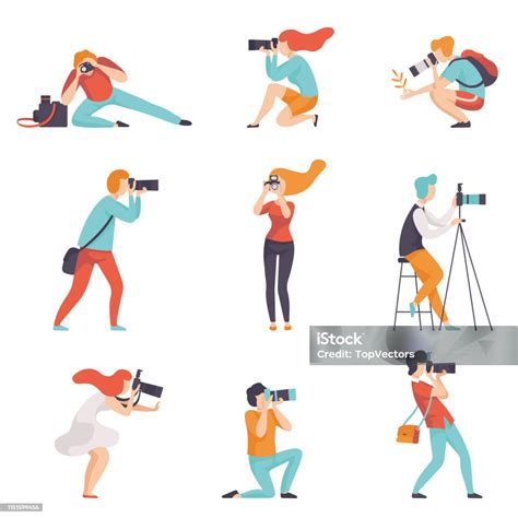 전문 장비 세트를 사용 하 여 사진을 찍는 사진 작가 남자와 여자 카메라를 만드는 사진 벡터 일러스트 레이 션 사진작가에 대한