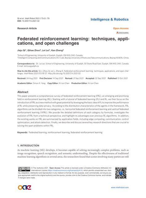 Pdf Federated Reinforcement Learning Techniques Applications And Open Challenges