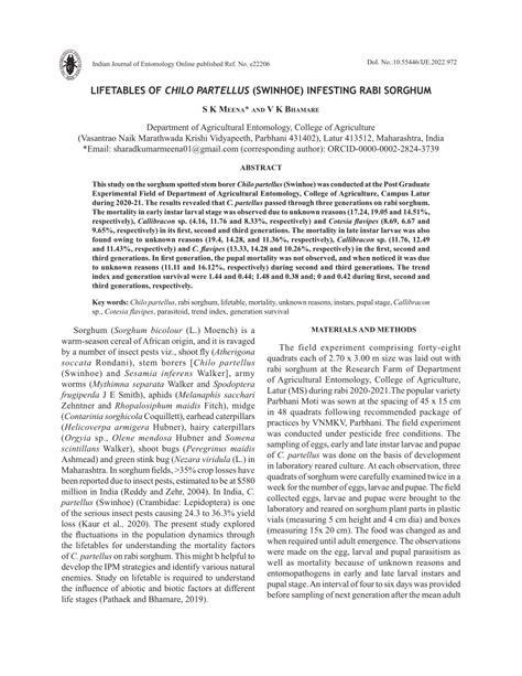 Pdf Lifetables Of Chilo Partellus Swinhoe Infesting Rabi Sorghum