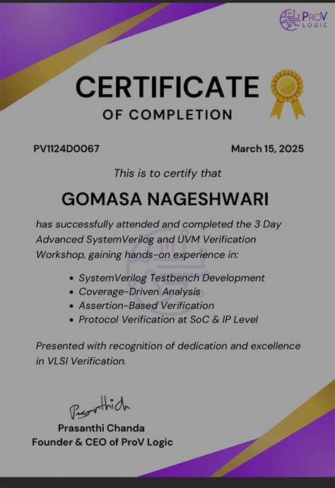 Systemverilog Uvm Verification Workshop Certificate Careergrowth Nageshwari Gomasa