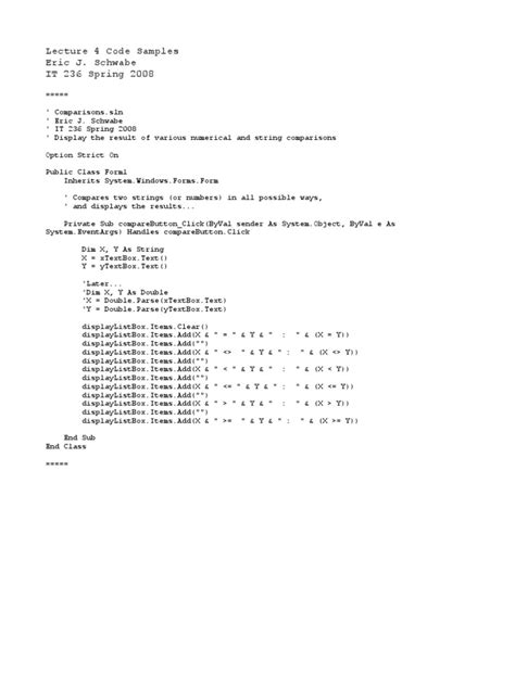 lecture 4 code samples eric j schwabe it 236 spring 2008 pdf