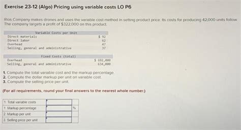Solved Exercise Algo Pricing Using Total Costs LO P Chegg