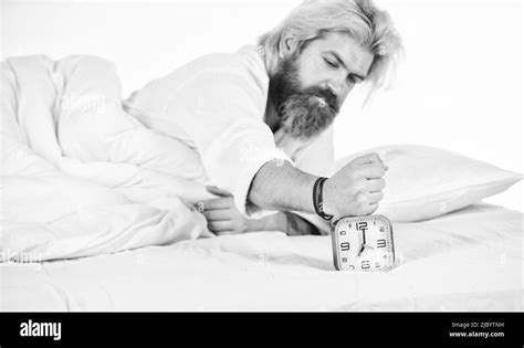 Hate Early Morning Awakening Sleepy Guy And Alarm Clock In Bed