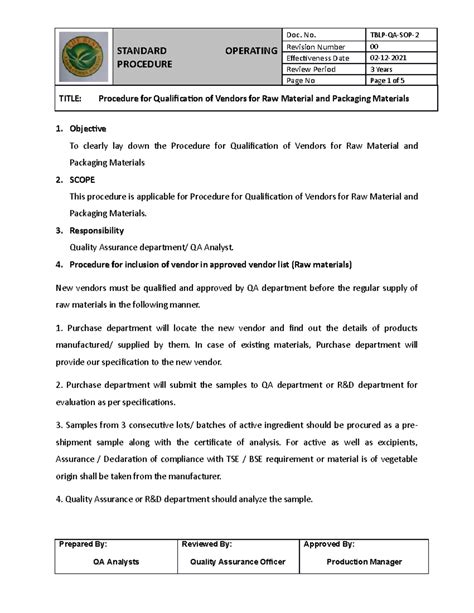 Sops Raw Material Pkg Material Finished Good Vendor Specification
