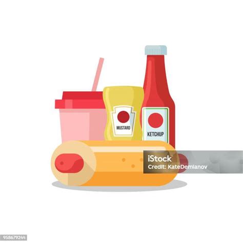 뜨거운 개입니다 롤빵에 소 하 세 맛 있는 지 평면 스타일에 벡터 그림입니다 가공육에 대한 스톡 벡터 아트 및 기타 이미지 가공육 건강에 좋지 않은 음식 겨자