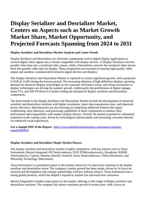Reportprime Display Serializer And Desrializer Market Centers On Aspects Such As Market