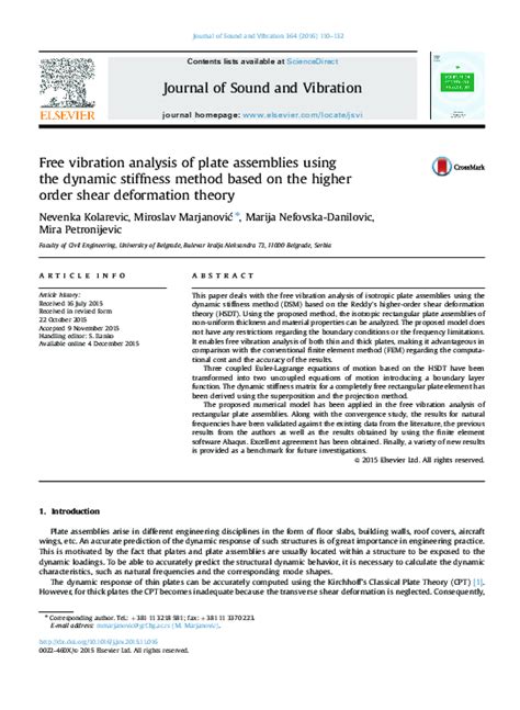 Pdf Free Vibration Analysis Of Plate Assemblies Using The Dynamic Stiffness Method Based On